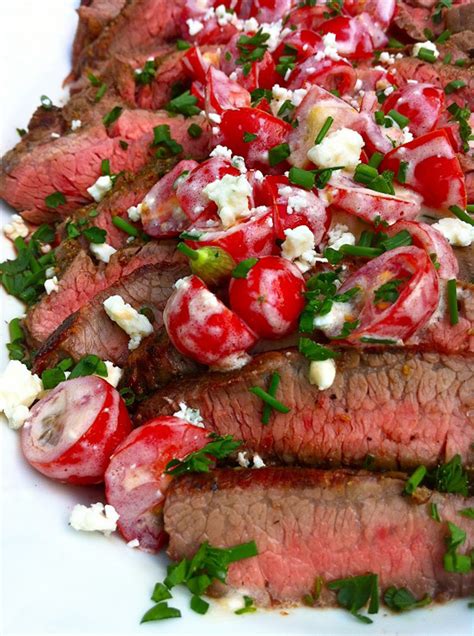 Grilled Flank Steak With Greeked Out Gorgonzola And Tomato Salsa