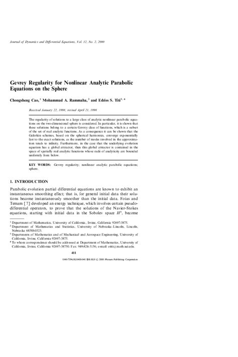 Pdf Gevrey Regularity For Nonlinear Analytic Parabolic Equations On The Sphere