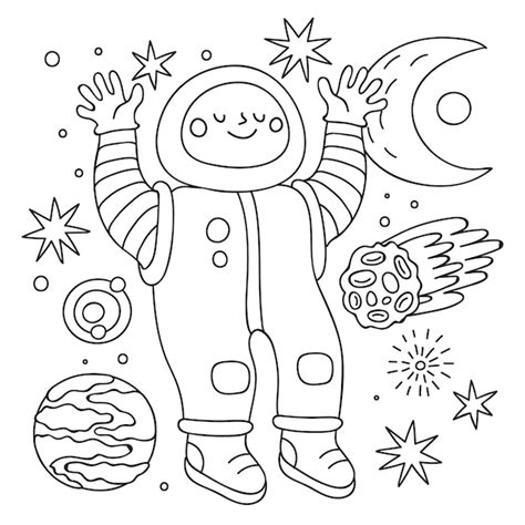 手描きの宇宙飛行士塗り絵イラスト プレミアムベクター