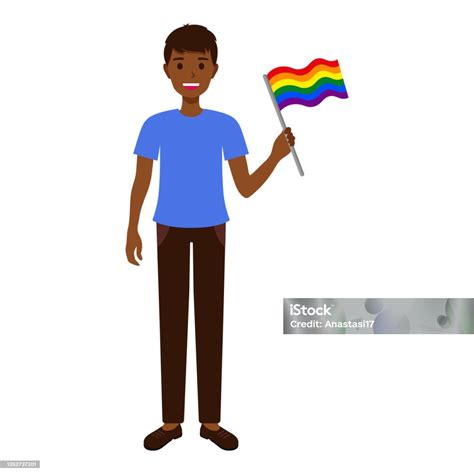 자부심 퍼레이드에 참여하는 무지개 깃발을 들고 검은 갈색 머리 남자 범성애에 대한 스톡 벡터 아트 및 기타 이미지 범성애