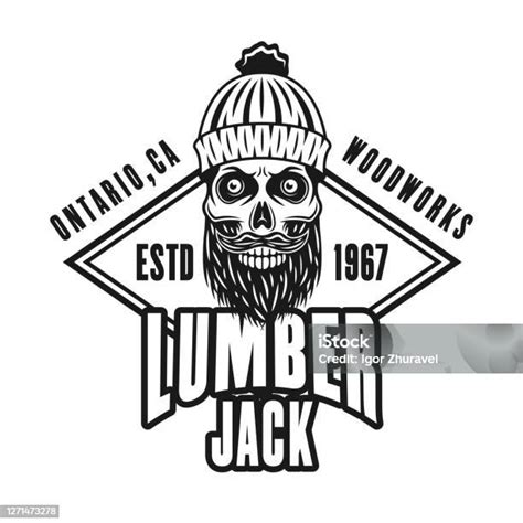 Lumberman 鬍子頭骨和 Rombus 向量標誌在復古單色風格孤立在白色背景向量圖形及更多商標圖片 商標 單色的 季節 Istock