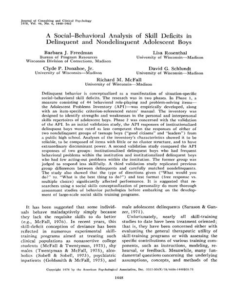 Freedman Et Al. (1978) - A Social-Behavioral Analysis of Skill Deficits in Delinquent and ...