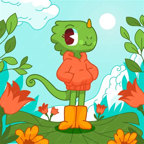 손으로 그린 만화 카멜레온 그림 프리미엄 벡터