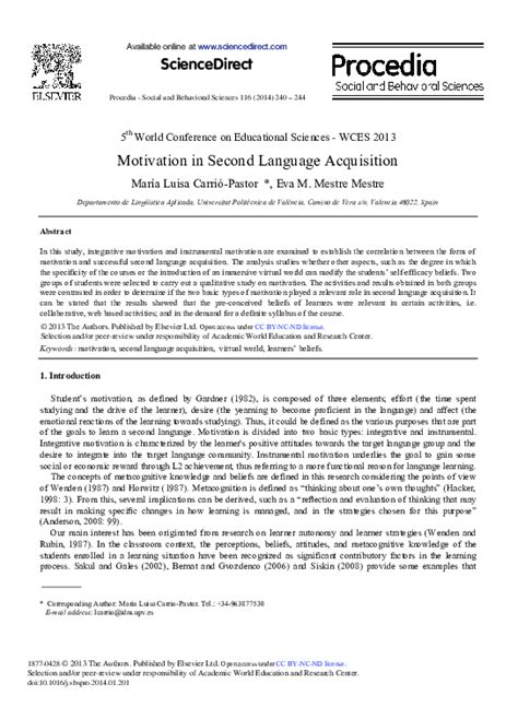 Pdf Motivation In Second Language Acquisition