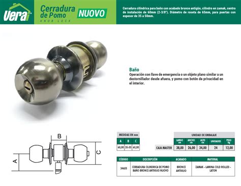 Cerradura Cilindrica Para Baño Con Pomo Bronce Antiguo Nuovo Dyna Cia S A