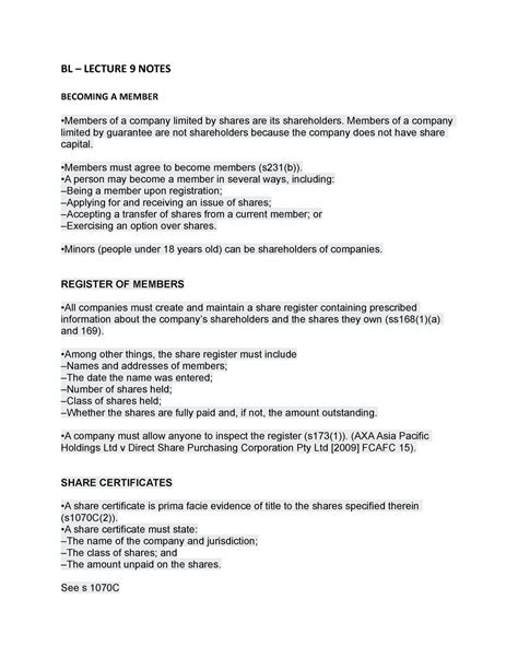 Bl Lecture 9 Notes Bl Lecture 9 Notes Becoming A Member •members Of A Company Limited By