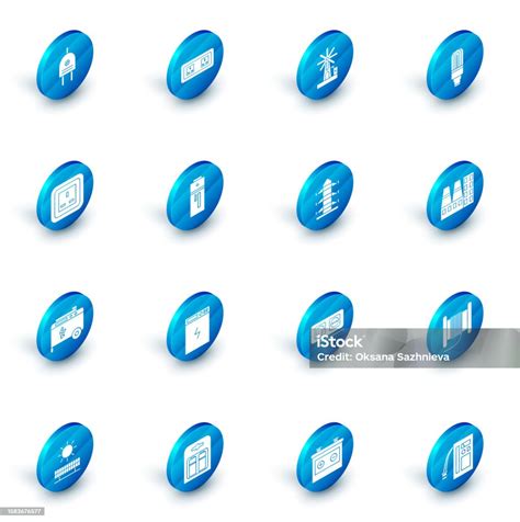 전기 콘센트 풍력 터빈 Led 전구 휴대용 발전기 배터리 발전소 공장 및 공장 및 고전압 극 라인 아이콘을 설정합니다 벡터 0