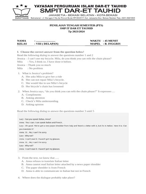 Soal Pts Bahasa Inggris Kelas 8 Semester 1 Fixed Pdf