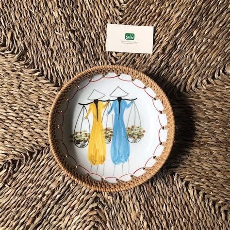 Dĩa Sứ Tròn đan Mây Đĩa Sứ Viền Mây Tre đan Tay Decor đựng đồ