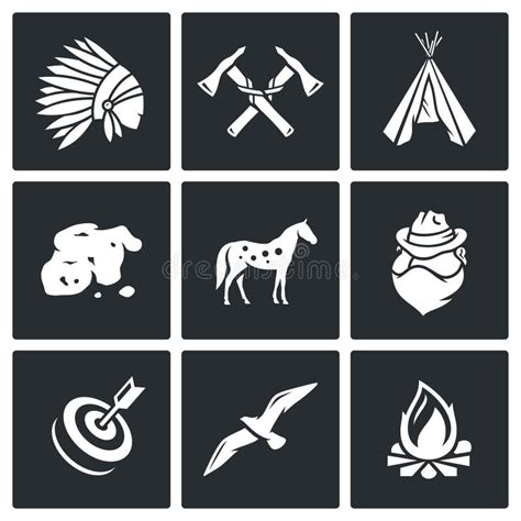 Indians Wild West And The Gold Rush Icons Set Vector Illustration