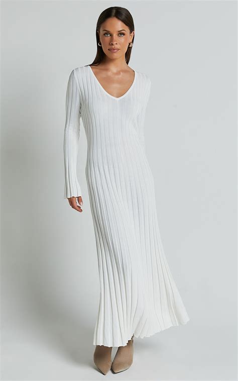 Astra Midi Dress V Neck Long Sleeve Knit Dress In White Showpo