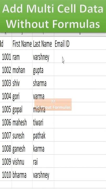 Excel Short Video Add Multi Cell Data Without Formulas Excel Tricks Excel Shortcut Ctrl