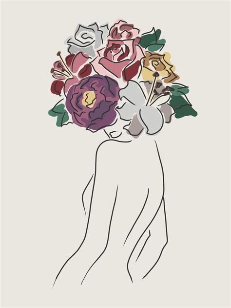 Head Of Flowers Art Print Woman With Flower Head Line Art Woman With