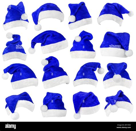Set Of Blue Christmas Santa Claus Hat Isolated On White Background