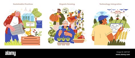 Farm Life Set Illustrating Sustainable Practices Organic Farming And