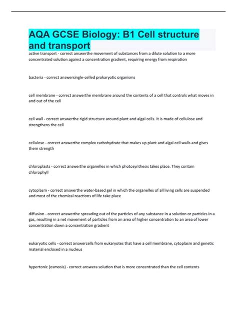 Aqa Gcse Biology B1 Cell Structure And Transport Questions And Answers