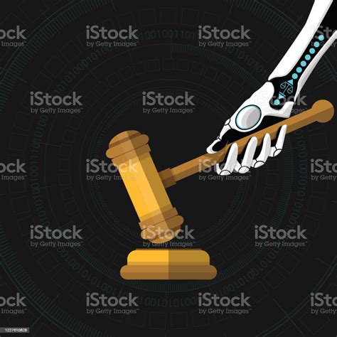 손목과 판사 망치에 평등 규모 기호와 로봇 손 휴머노이드 보유 망치 인공 지능 정의 및 기계 학습 판단 개념 플랫 벡터