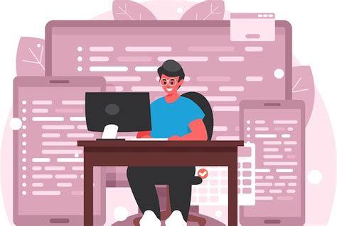 Premium Vector Programmer Working At Pc Scalable Technologies Computer Display Tablet And