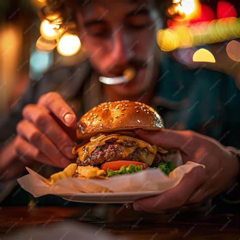Premium Photo Close Up Shot Of A Person Eating Burger In Restaurant