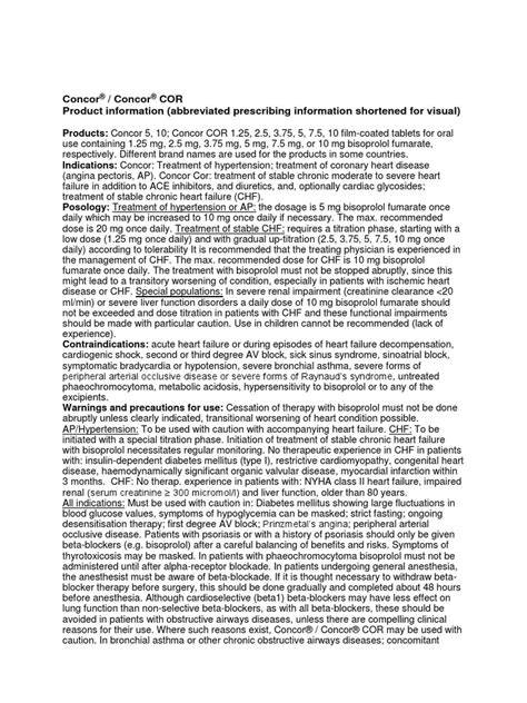 Concor Concor Cor Product Information Abbreviated Prescribing