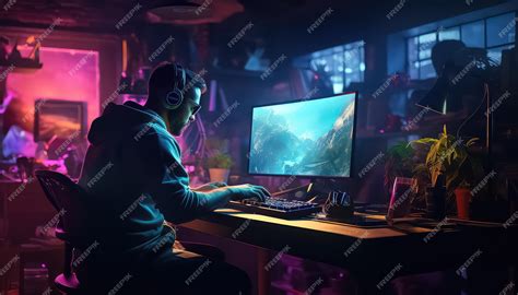 premium photo man working late at night at a powerful computer