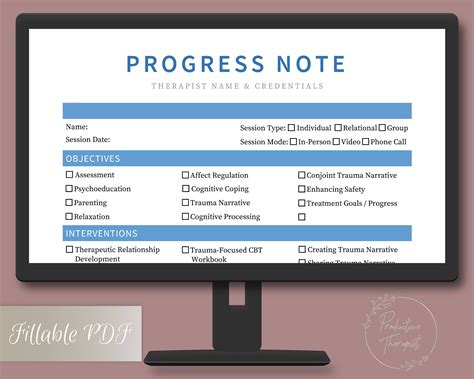 Trauma Focused CBT Progress Note Template For Therapists Counselors Psychologists Social