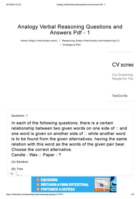 Analogy Verbal Reasoning Questions And Answers Pdf 1 Choose The