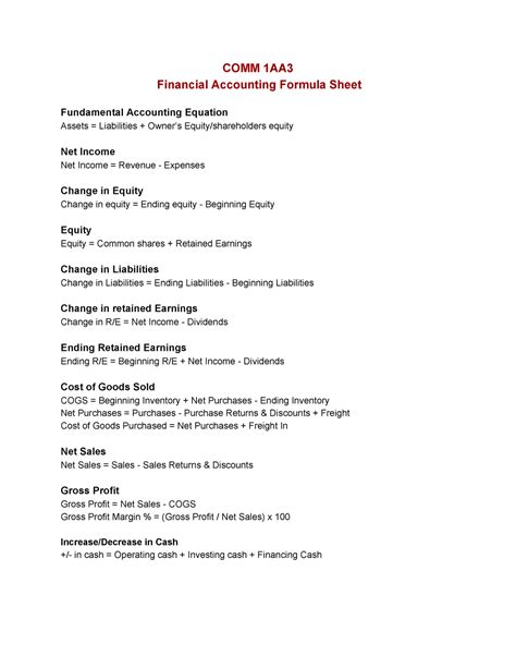 Accounting Formula Sheet Comm 1aa Financial Accounting Formula Sheet