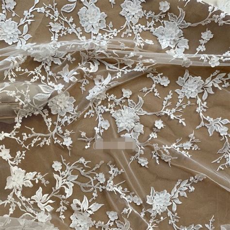 3d Beaded Floral Ivory Floral Lace Fabric Embroidery Lace Etsy