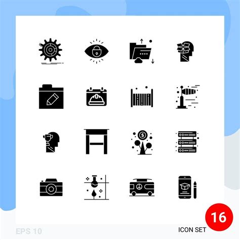 set of 16 vector solid glyphs on grid for user unbox lock box