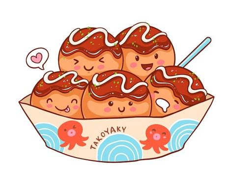 Takoyaki Cartoon Vector Art Png Five Cute Cartoon Takoyaki With