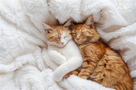Two Ginger Cats Sleeping And Cuddling On A White Fluffy Blanket Stock