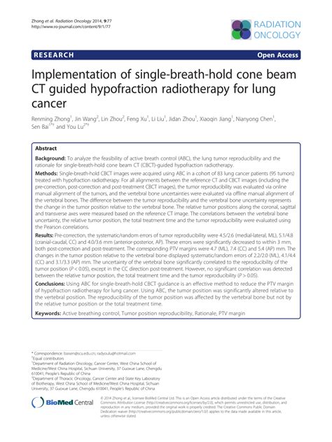 Pdf Implementation Of Single Breath Hold Cone Beam Ct Guided Hypofraction Radiotherapy For