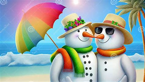 Happy Snowman Standing In Seaside Landscape Winter Fairytale Stock Illustration Illustration