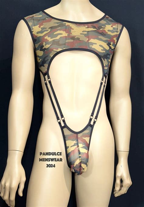 Men S Exotic Sheer Large Pouch Camouflage Mesh Bodysuit Etsy