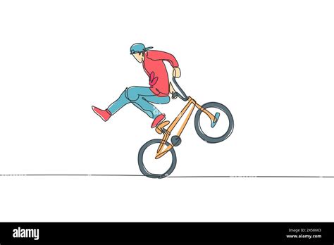 Single Continuous Line Drawing Of Young Bmx Cycle Rider Show Extreme