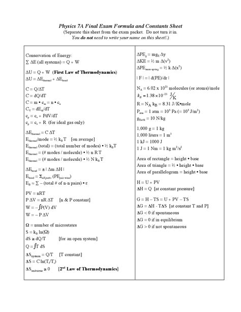 General Physics Final Exam Formulas And Constants Sheet Phy 007a