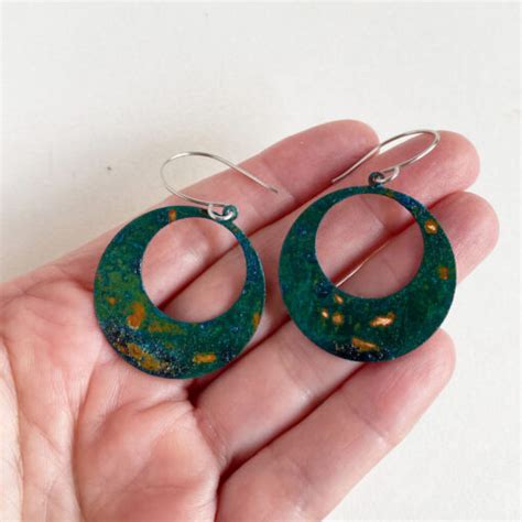 Blue Green Rustic Copper Patina Hoop Verdigris Earrings Basket Of Blue
