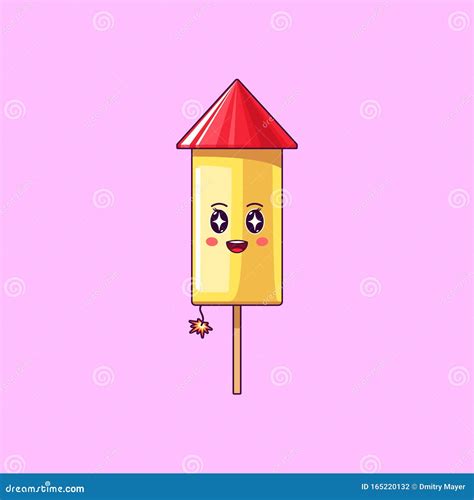 Cartoon Kawaii Firework With Admiring Face Cute Firework Rocket With