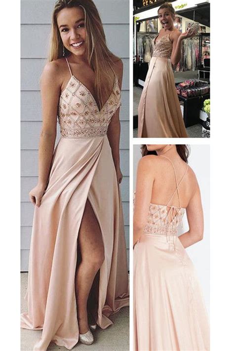 Spaghetti Straps V Neck Slit Prom Dress With Beading Beaded Prom Gown