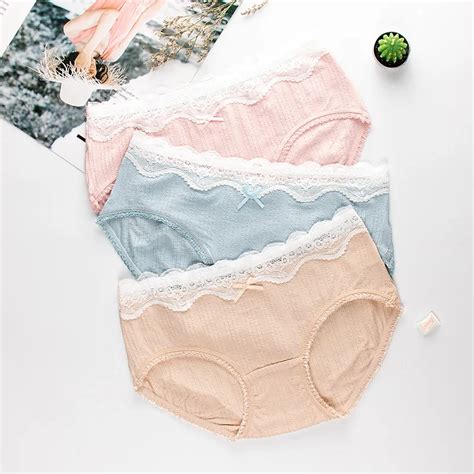 Wasteheart Fashion Cotton Blue Pink Skin Bow Mid Waist Panties Women