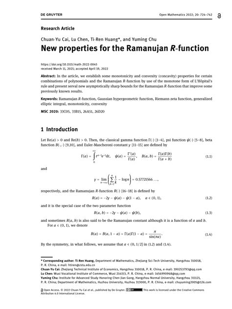 Pdf New Properties For The Ramanujan R Function