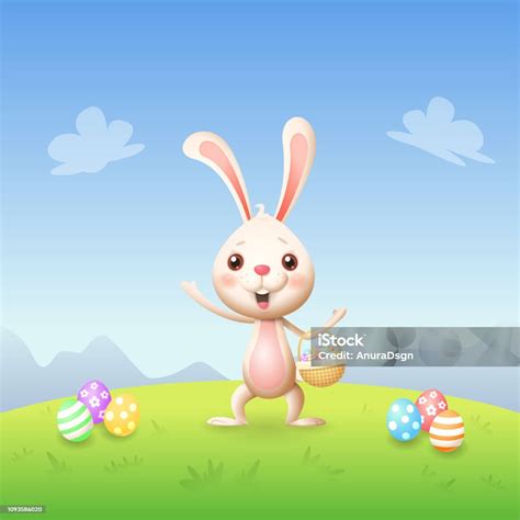 바구니와 장식된 계란 부활절 토끼 부활절봄 풍경 배경 축 부활절 토끼에 대한 스톡 벡터 아트 및 기타 이미지 부활절 토끼 3차원 형태 토끼 Istock