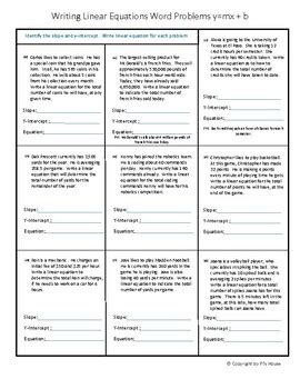 8 5I Slope Y Mx B Writing Linear Equations From Word Problems By Pi S House