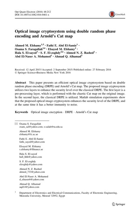 Pdf Optical Image Cryptosystem Using Double Random Phase Encoding And