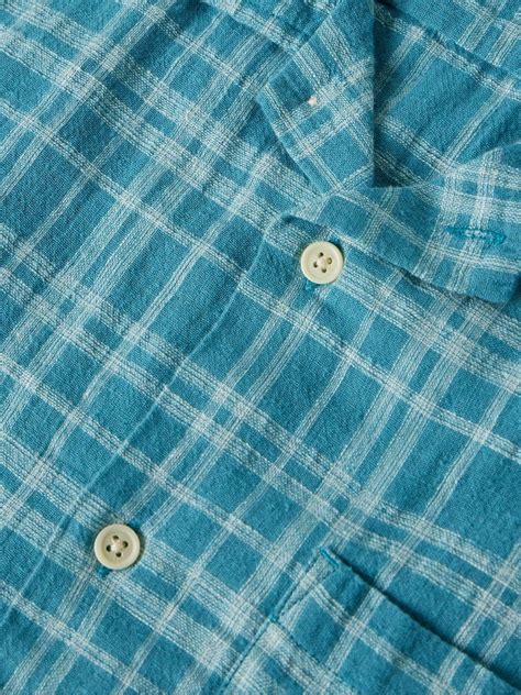 Corridor Camp Collar Checked Cotton And Linen Blend Shirt Blue Corridor