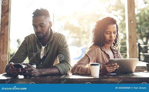 Cafe Couple And Ignore With Technology After Conflict Argument And Misunderstanding Outdoor