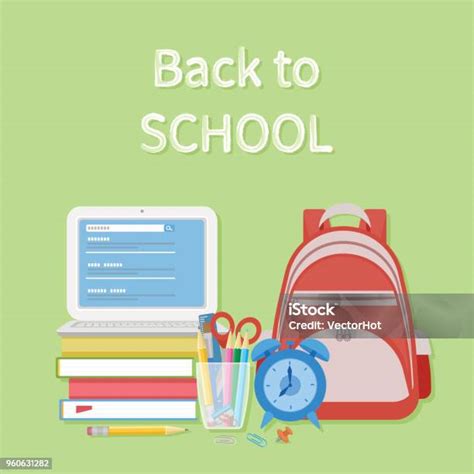 학교 텍스트 돌아가기 검색 양식 교과서 알람 시계 Schoolbag 편지지 연필가 위 종이 클립을 열고 노트북 가위에 대한 스톡