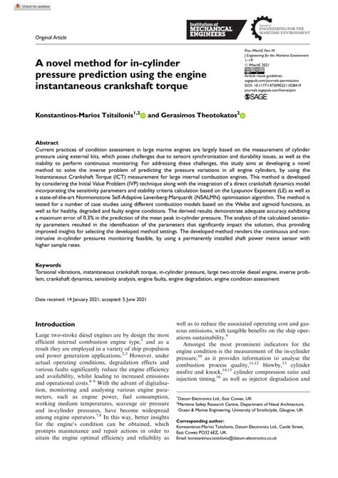 Pdf A Novel Method For In Cylinder Pressure Prediction Using The Engine Instantaneous