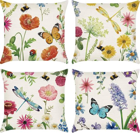 Bonhause 4er Set Kissenbezüge Blumen Garten 45 x 45 cm Polyester Leinen